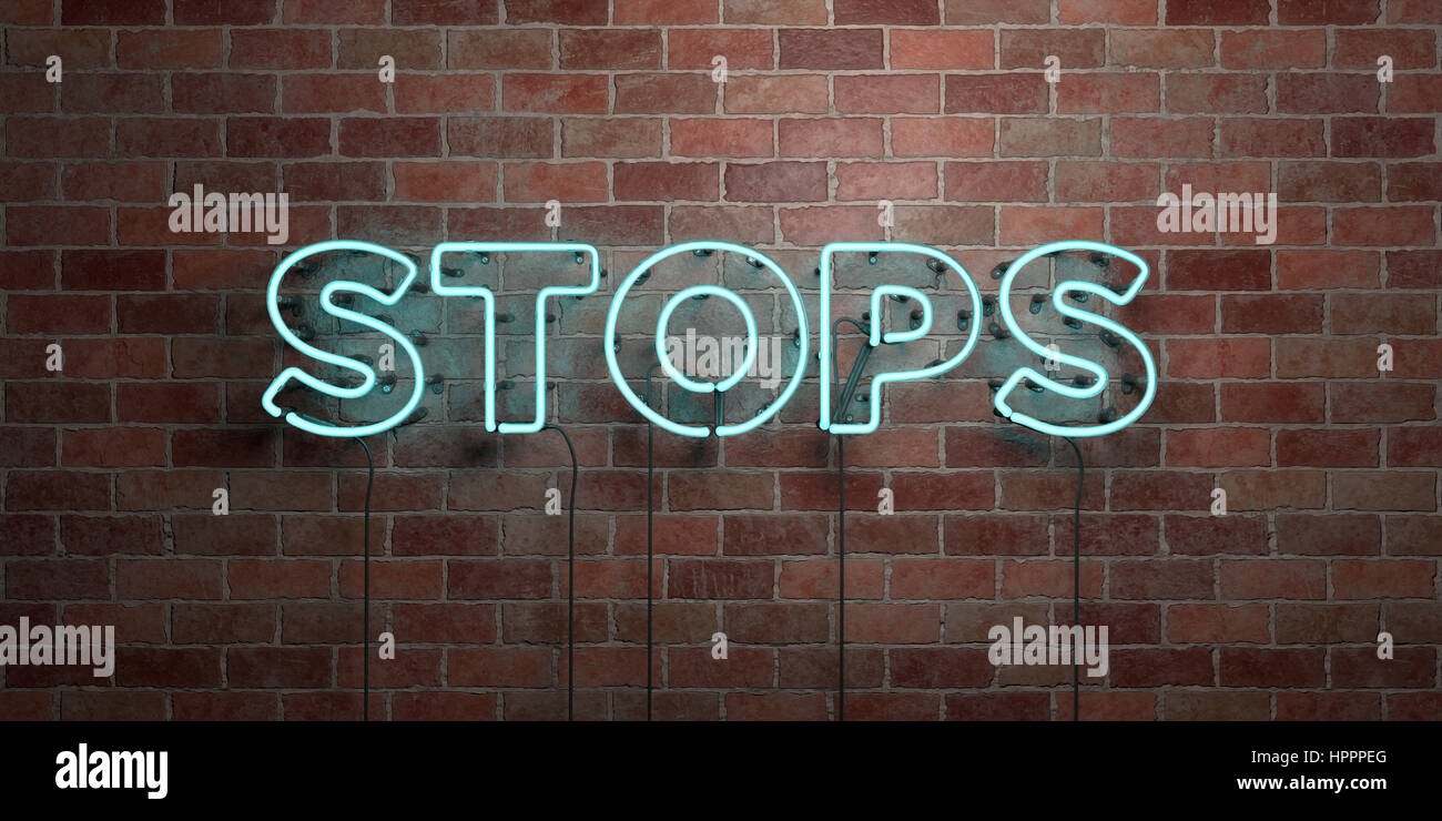 STOPS - fluorescent Neon tube Sign on brickwork - Front view - 3D ...