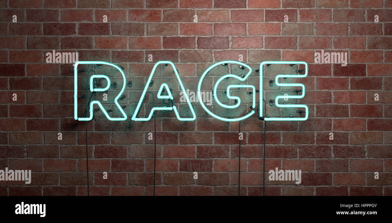 RAGE - fluorescent Neon tube Sign on brickwork - Front view - 3D ...