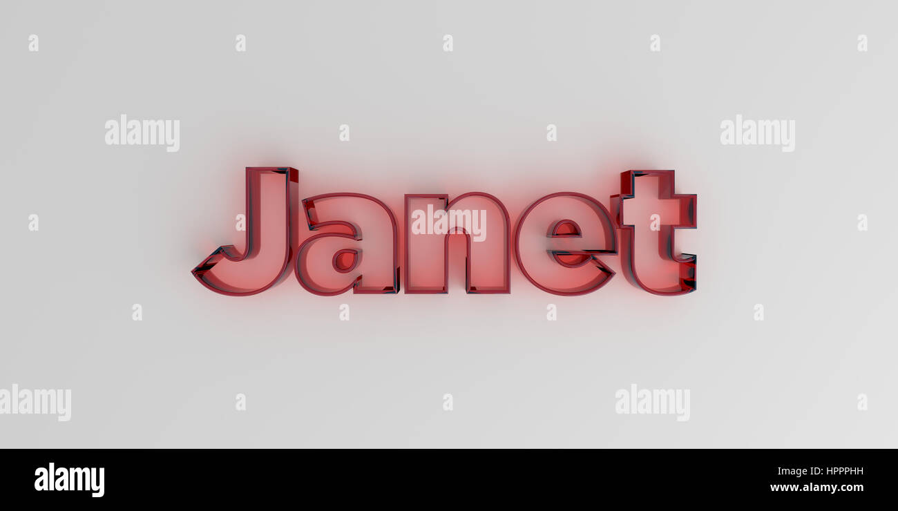 Janet - Red glass text on white background - 3D rendered royalty free ...