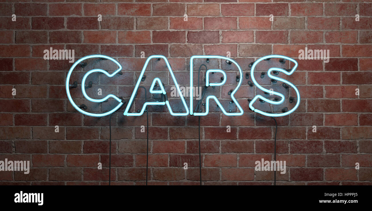 CARS - fluorescent Neon tube Sign on brickwork - Front view - 3D ...