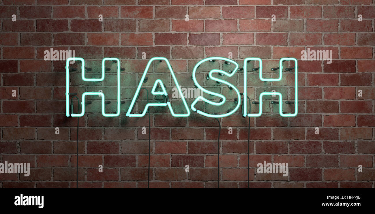 HASH - fluorescent Neon tube Sign on brickwork - Front view - 3D ...