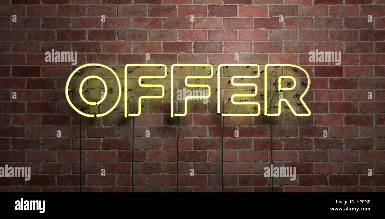 OFFER - fluorescent Neon tube Sign on brickwork - Front view - 3D ...