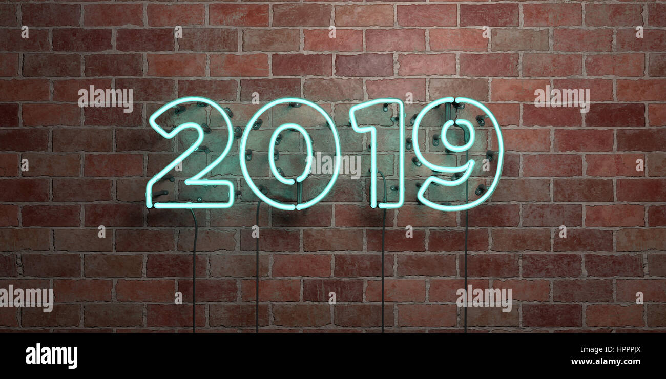 2019 - fluorescent Neon tube Sign on brickwork - Front view - 3D ...