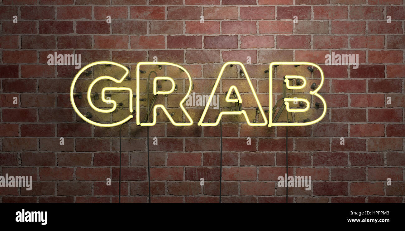 GRAB - fluorescent Neon tube Sign on brickwork - Front view - 3D ...