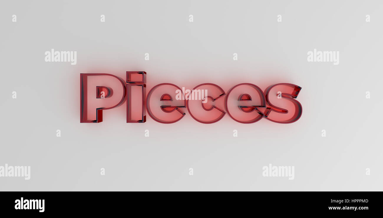 Pieces - Red glass text on white background - 3D rendered royalty free ...