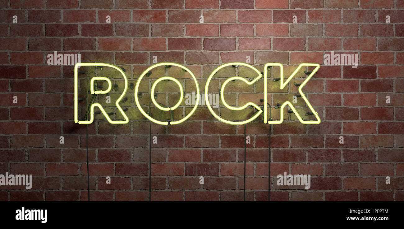 ROCK - fluorescent Neon tube Sign on brickwork - Front view - 3D ...