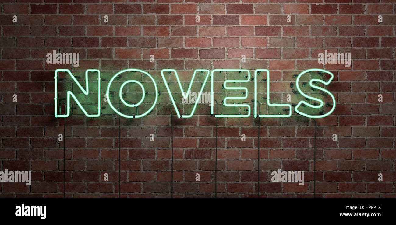 NOVELS - fluorescent Neon tube Sign on brickwork - Front view - 3D ...