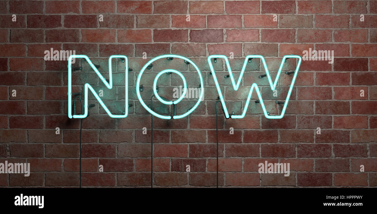 NOW - fluorescent Neon tube Sign on brickwork - Front view - 3D ...