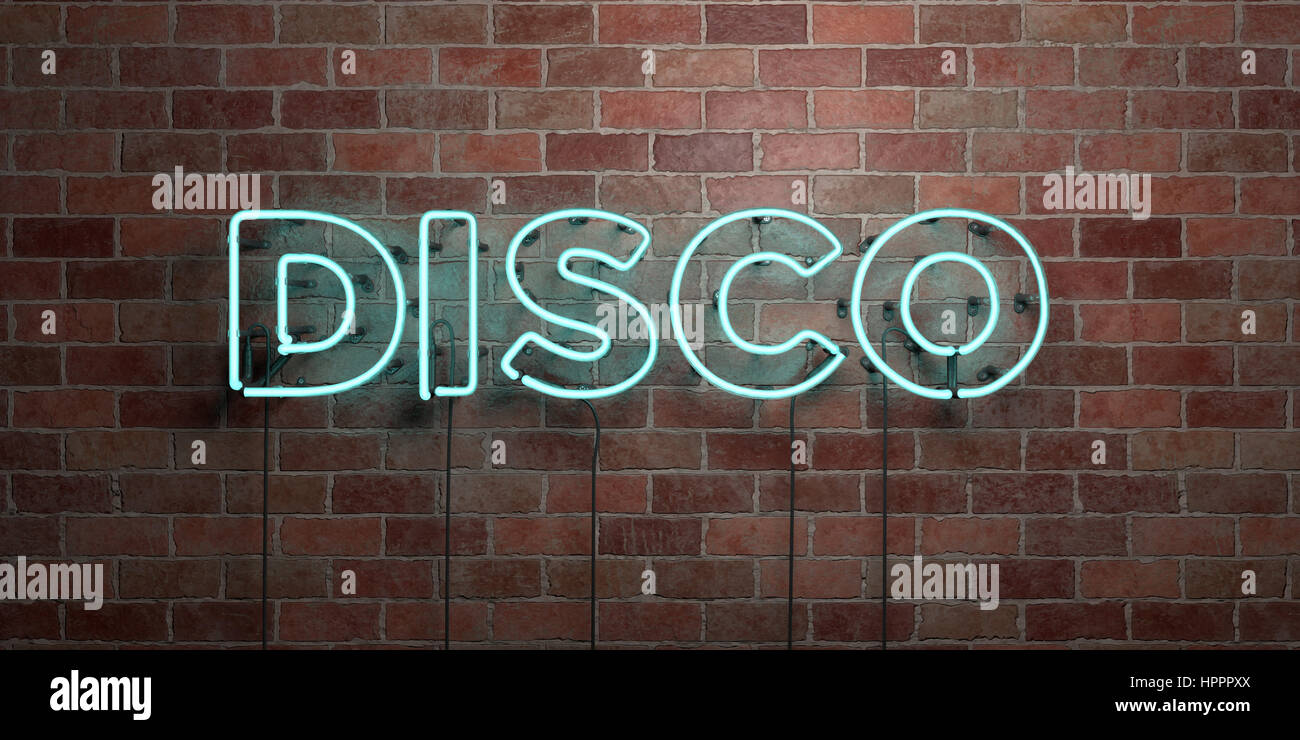 DISCO - fluorescent Neon tube Sign on brickwork - Front view - 3D ...