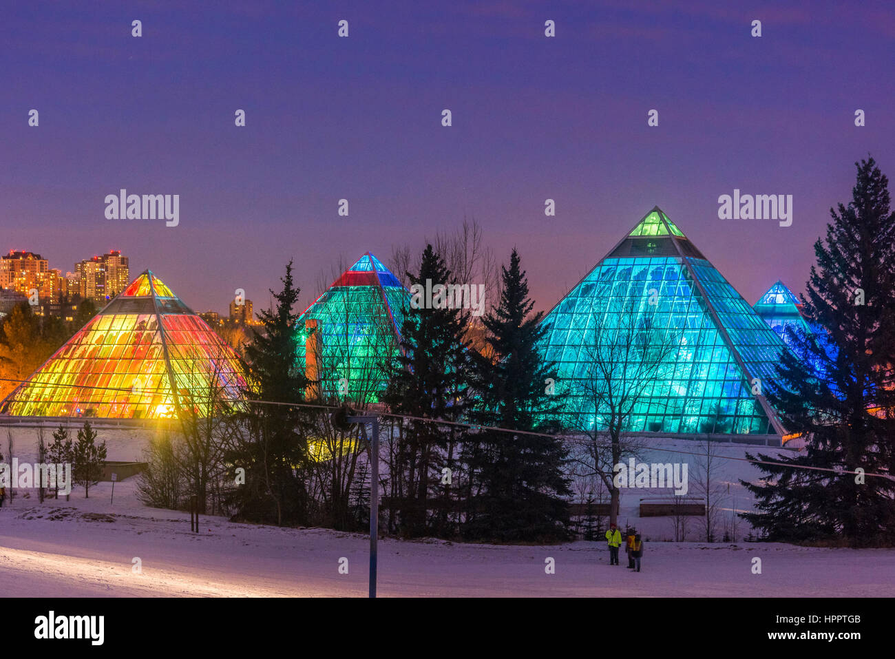 Illuminated Muttart Conservatory pyramids, a Botanical Garden in ...