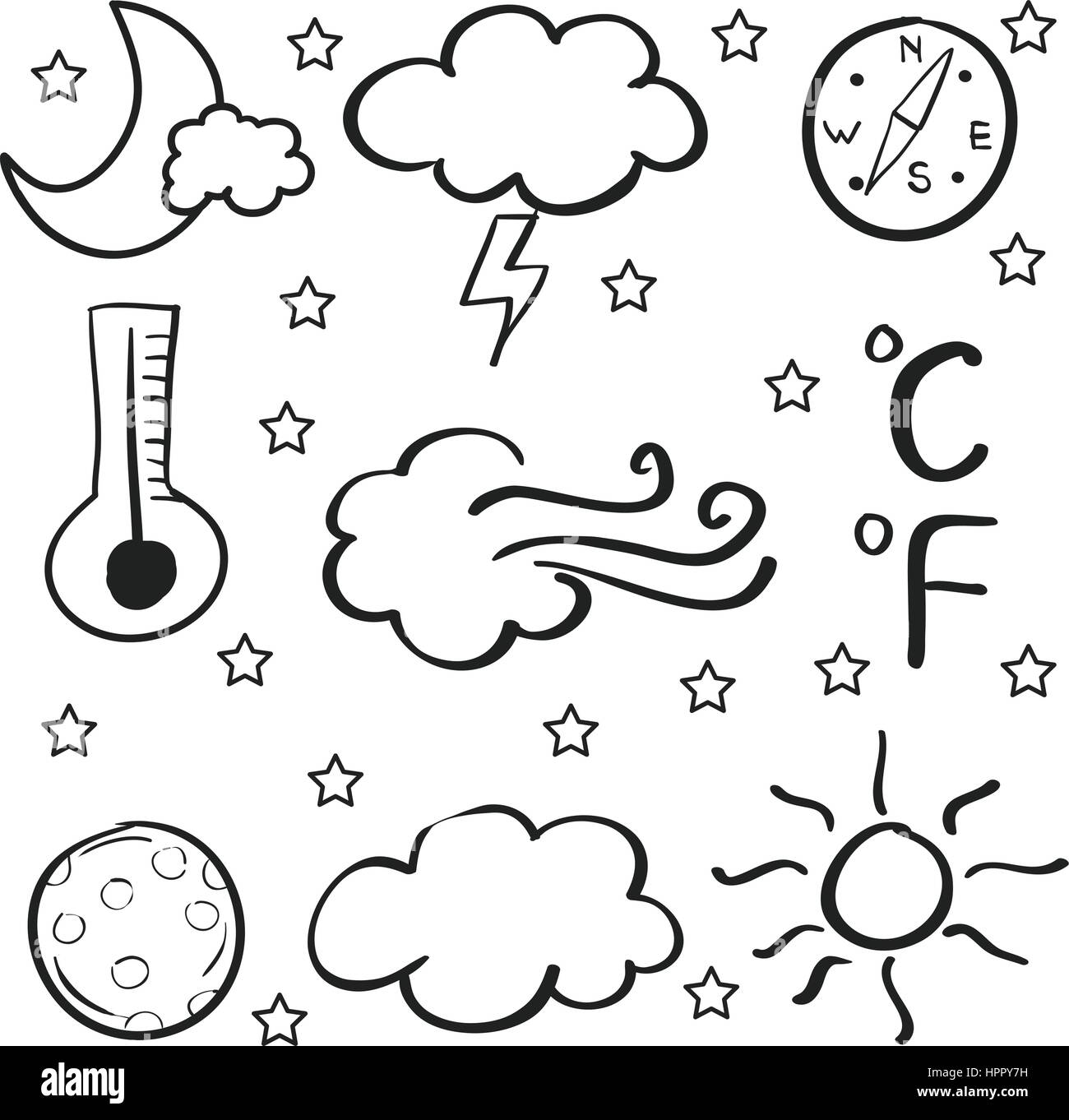 Doodle weather set cloud thunder hi-res stock photography and images ...