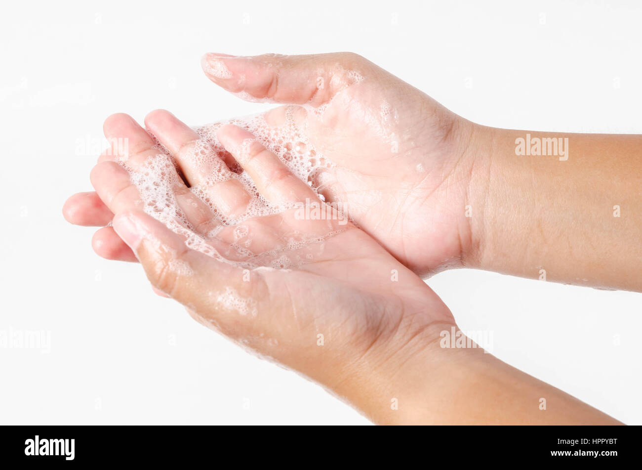 Hands washing with bubble soap isolated on white background Stock Photo ...