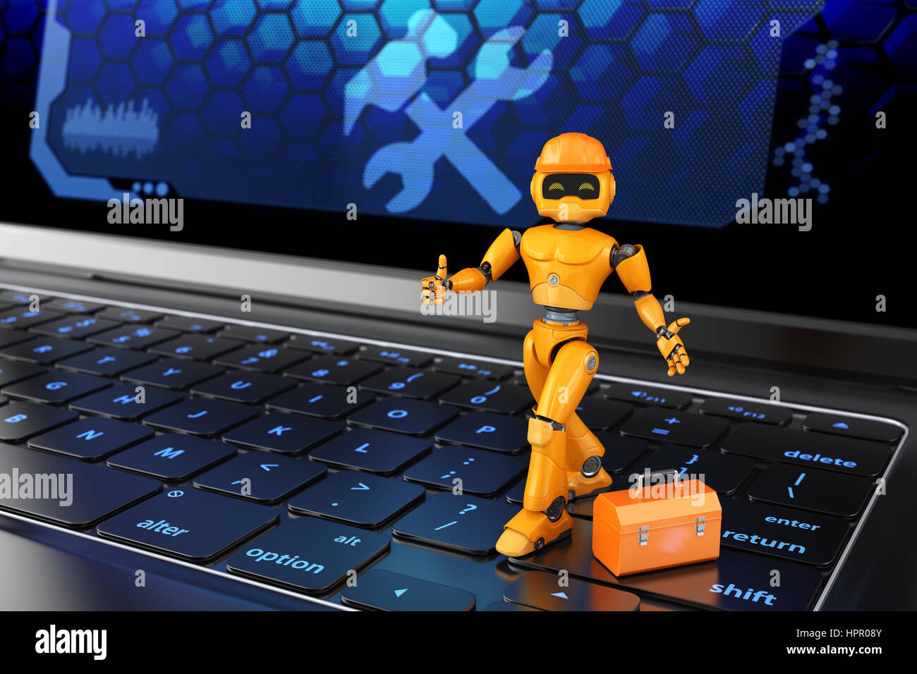 Little robot repairman standing on keyboard. 3D illustration Stock ...