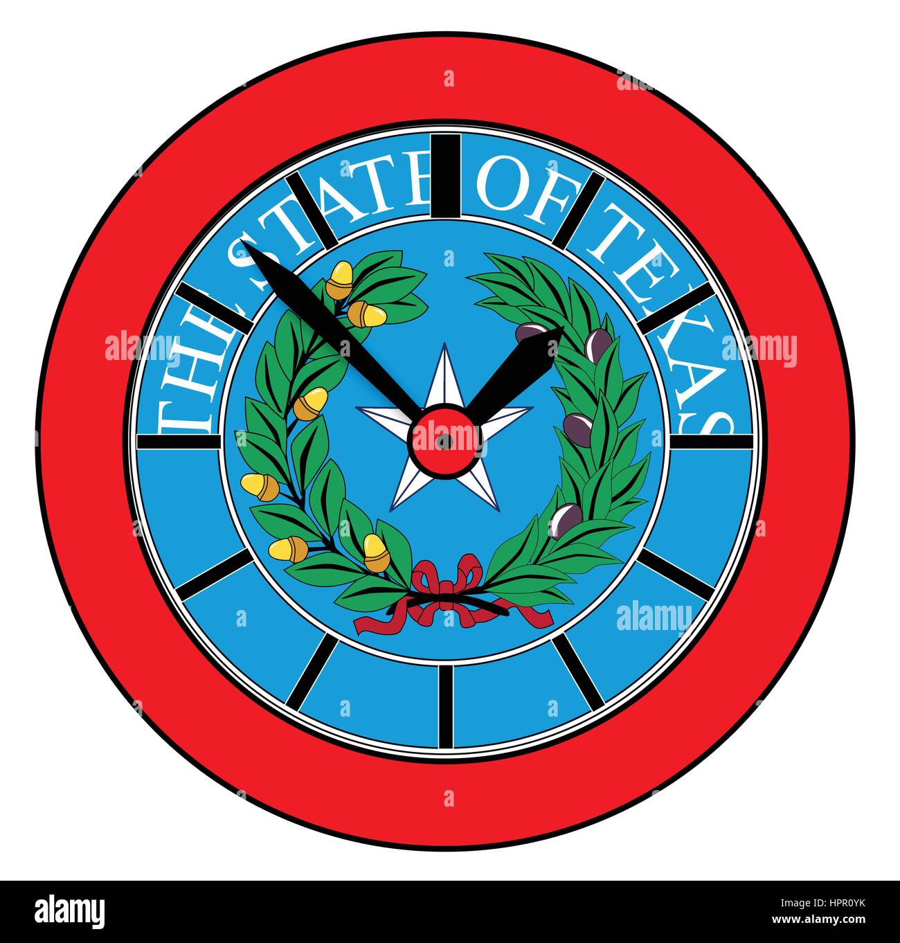 A typical clock face without numbers and the Texan State Seal ...