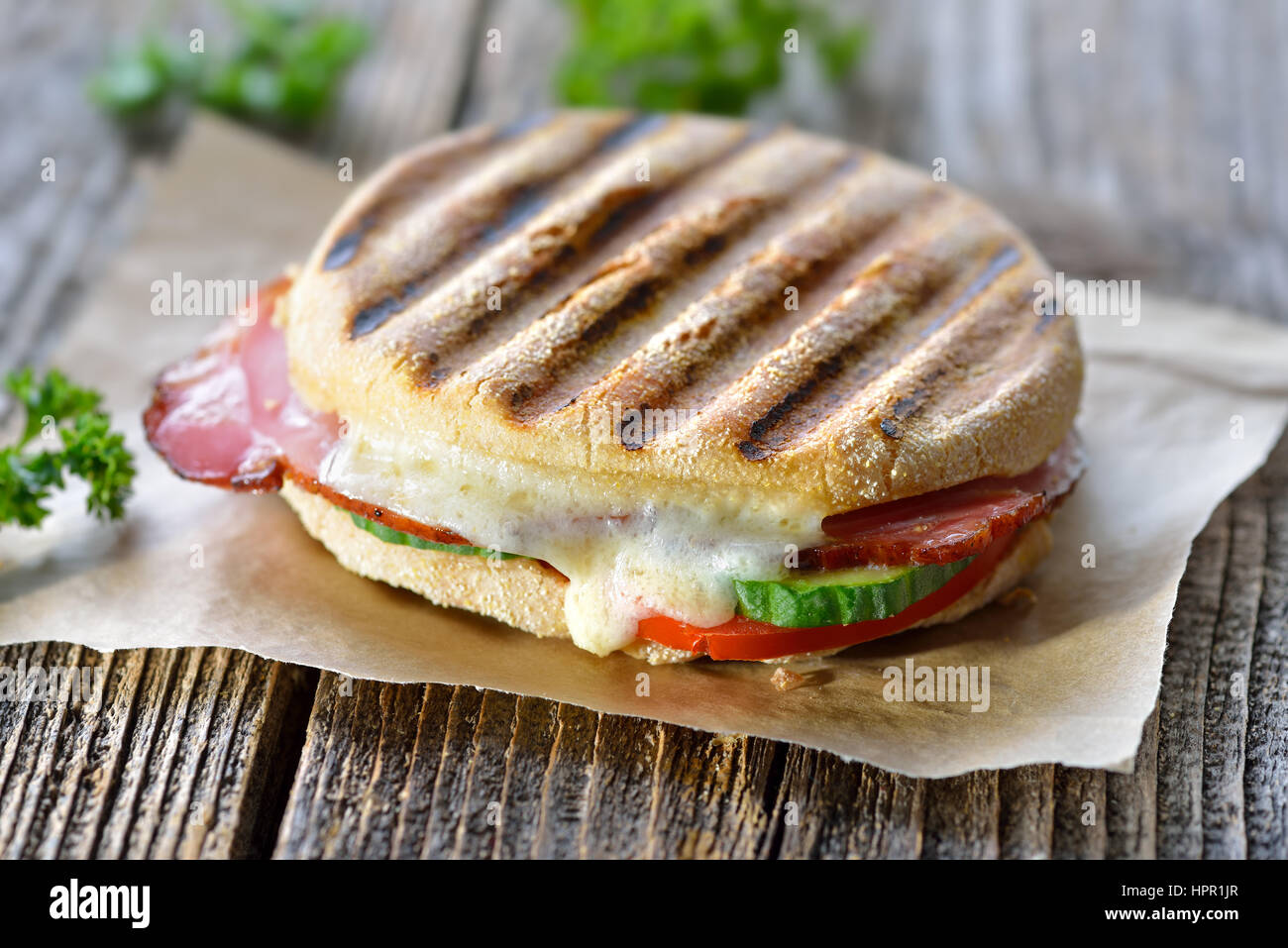 Grilled and pressed panini with smoked ham, cheese, cucumber and tomato ...