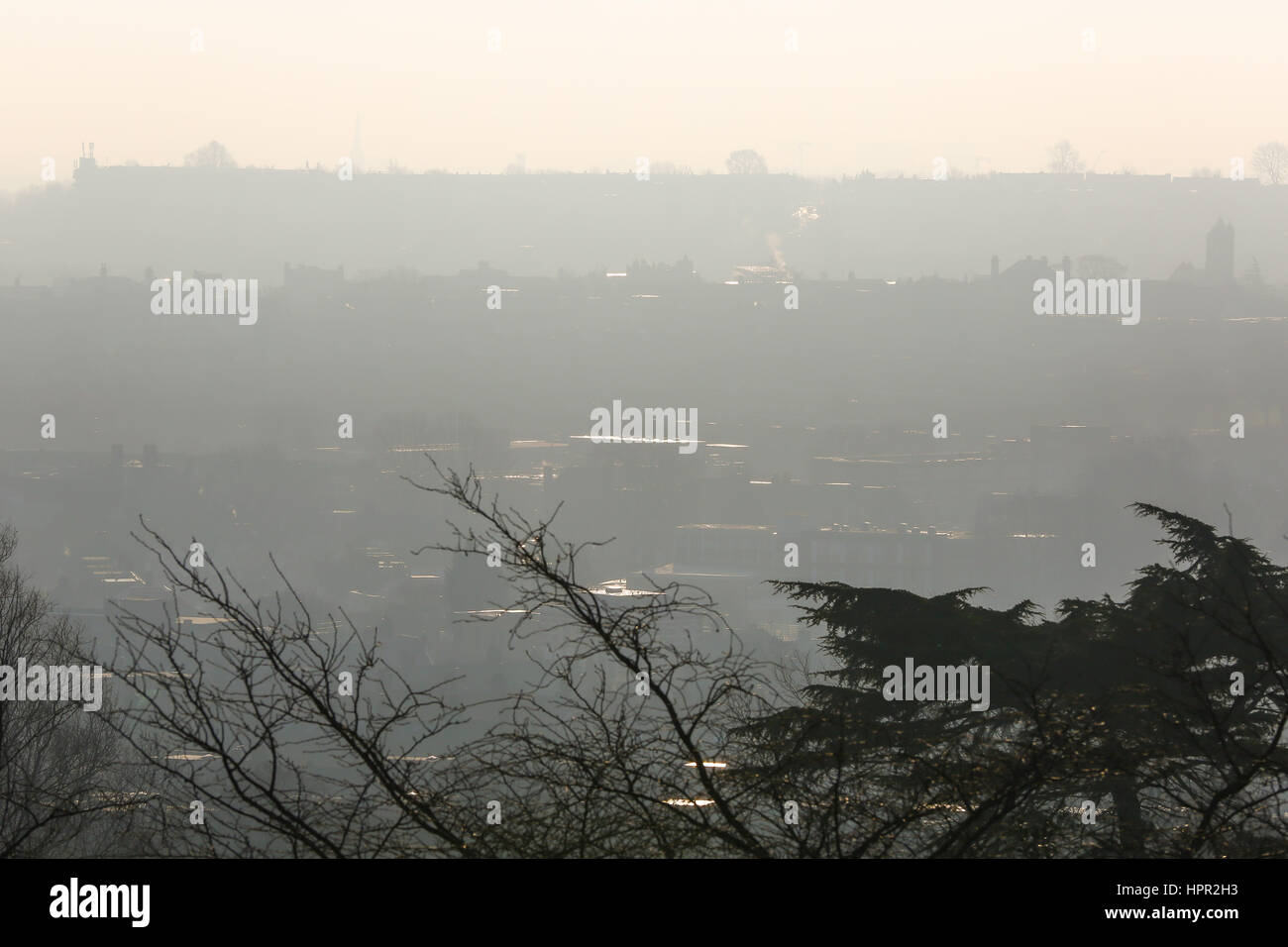 Heavy pollution can be seen cast over London from Alexandra Palace. A ...