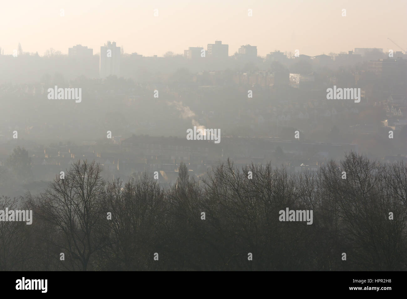 Heavy pollution can be seen cast over London from Alexandra Palace. A ...