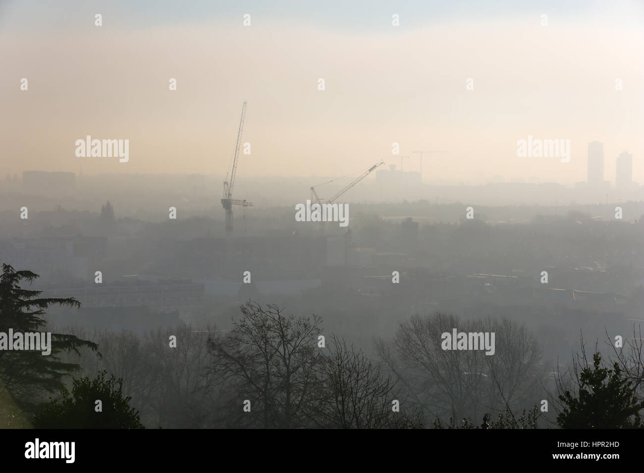 Heavy pollution can be seen cast over London from Alexandra Palace. A ...
