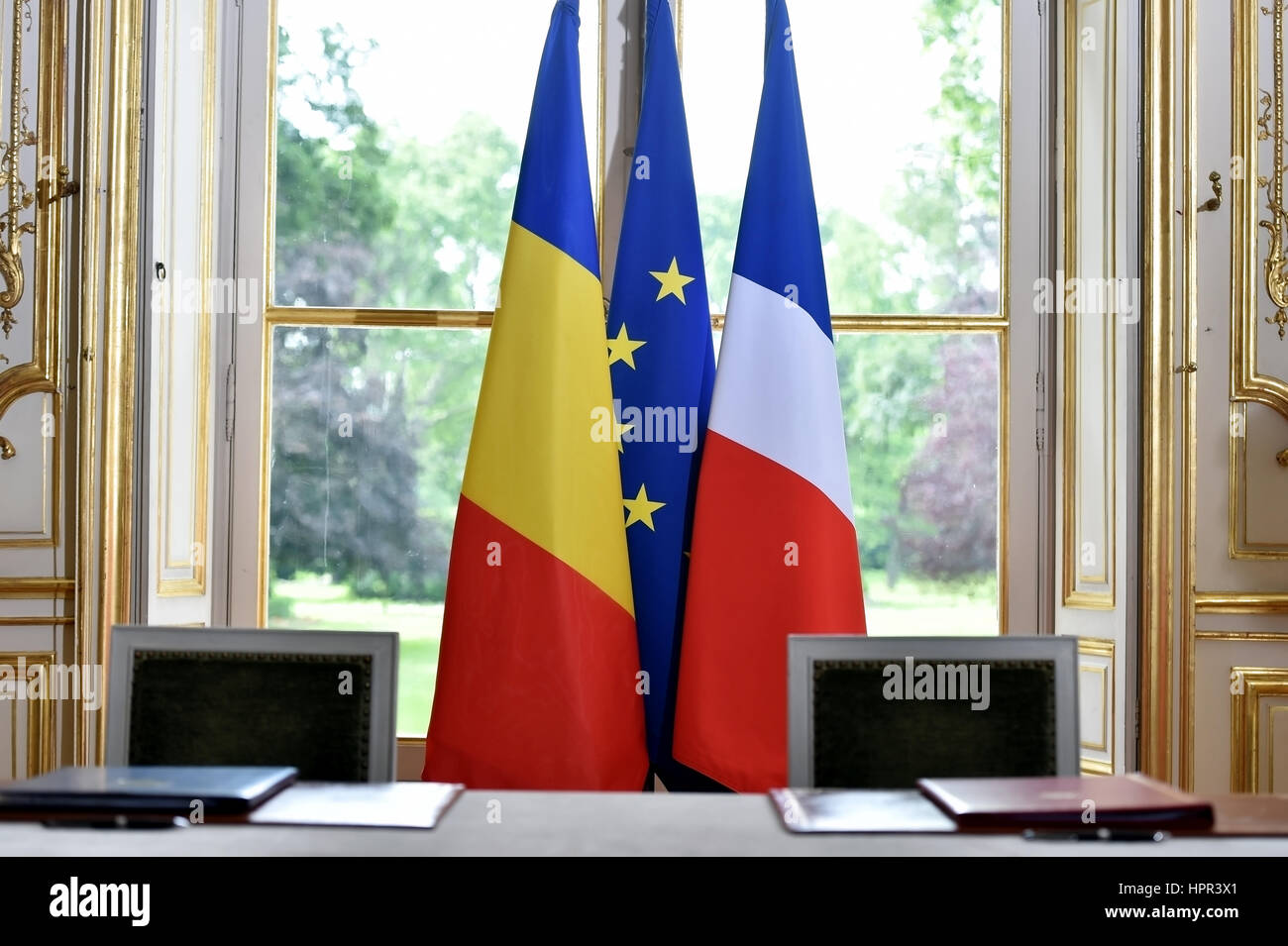 European Union and Romania flags during a treaty sign Stock Photo - Alamy