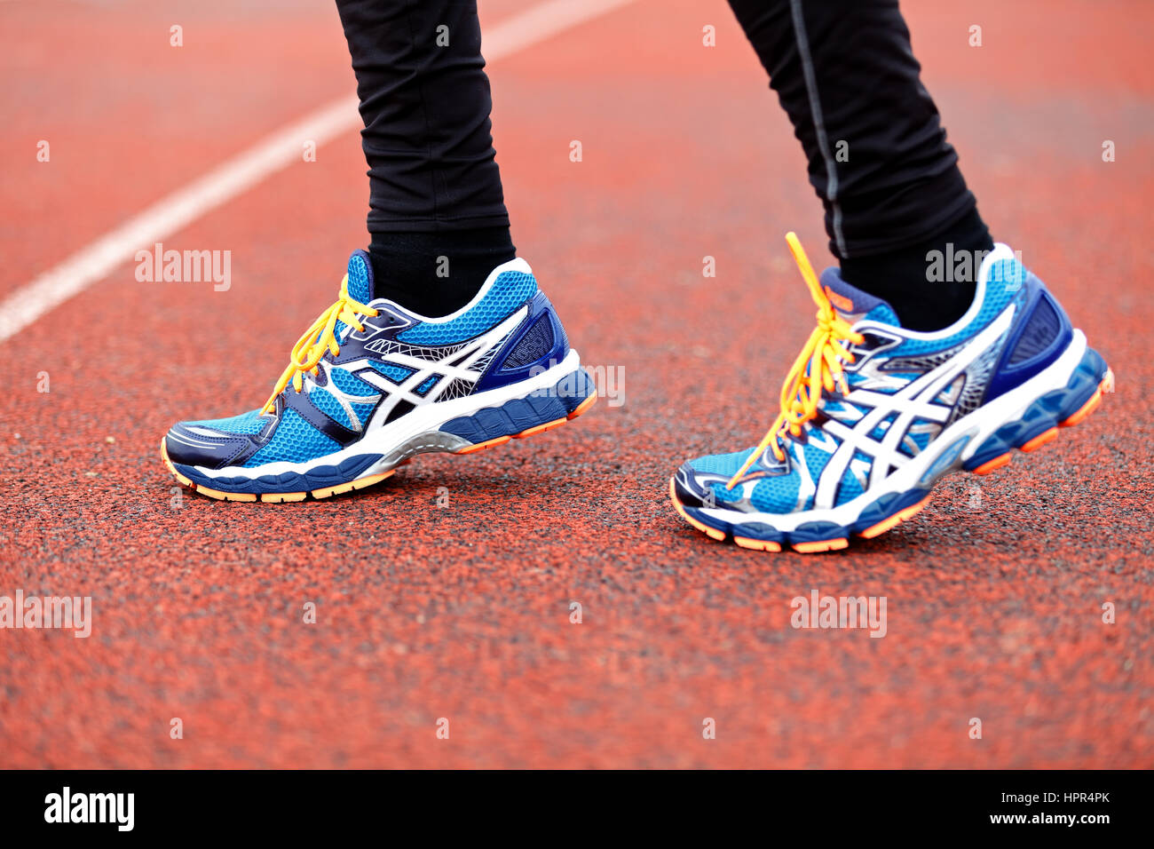 A professional runner preparing for the start on the start line Stock ...