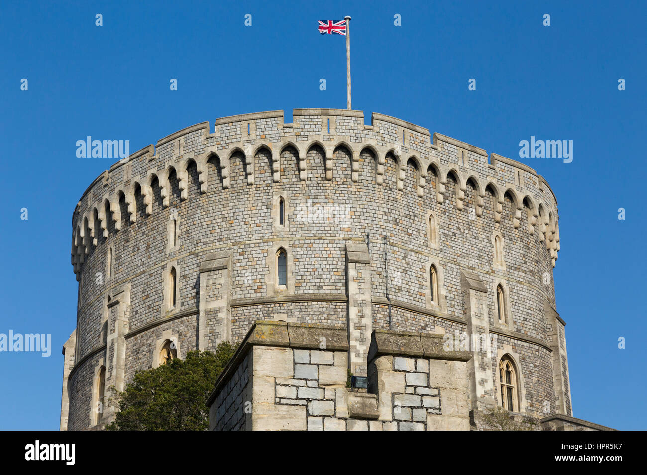 The Round Tower of Windsor Castle, & Union Flag flying which means ...