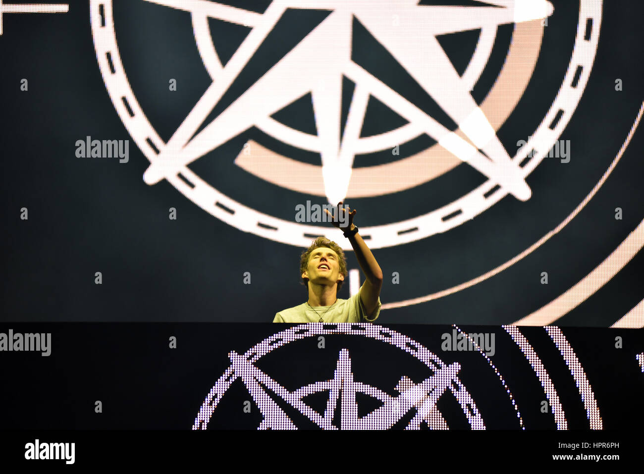 CLUJ-NAPOCA, ROMANIA - AUGUST 7, 2016: Dj Lost Frequencies mixing live on the stage during the ...