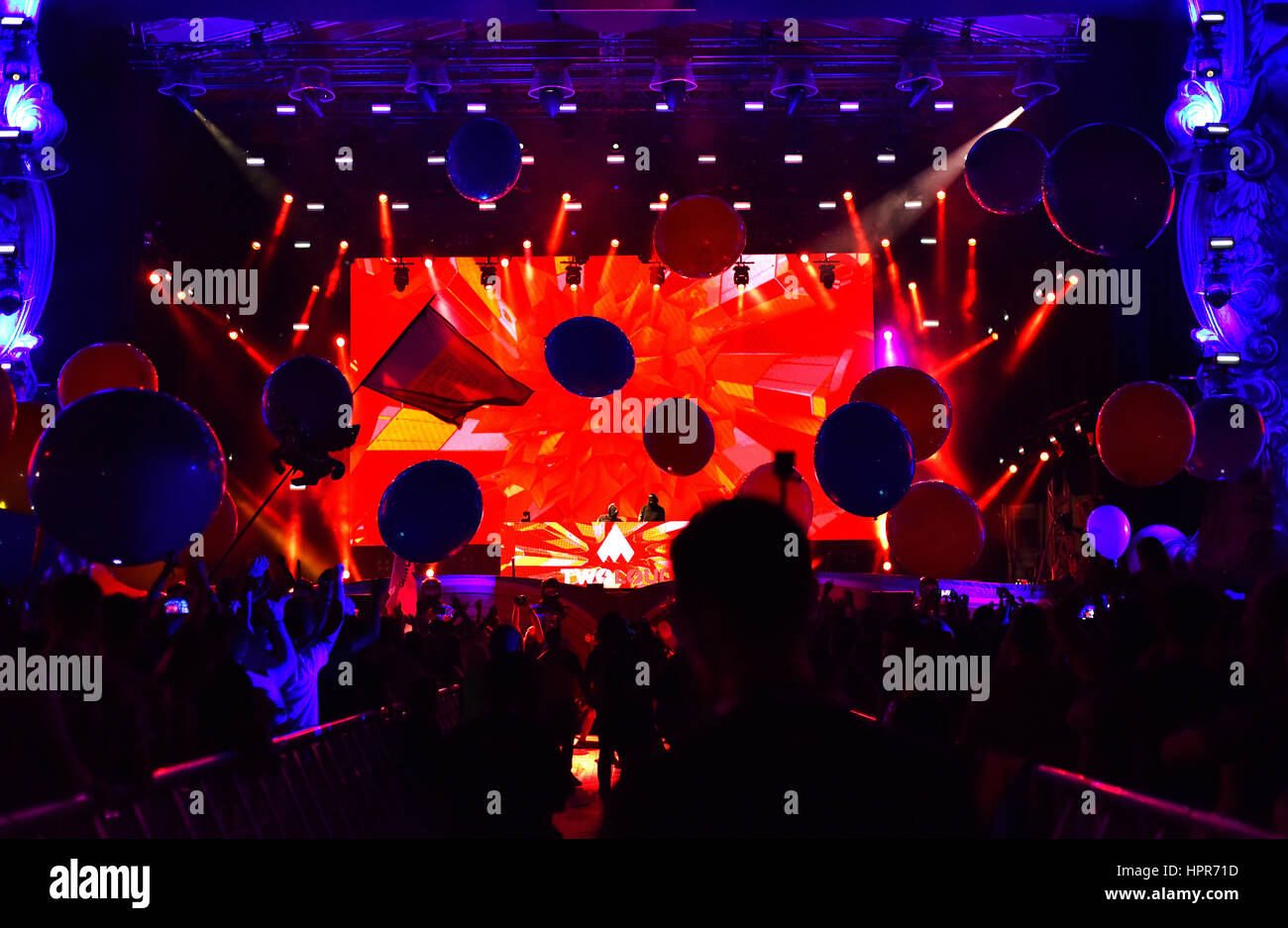 CLUJ-NAPOCA, ROMANIA - AUGUST 6, 2016: Crowd having fun during a Twoloud live concert at Untold ...