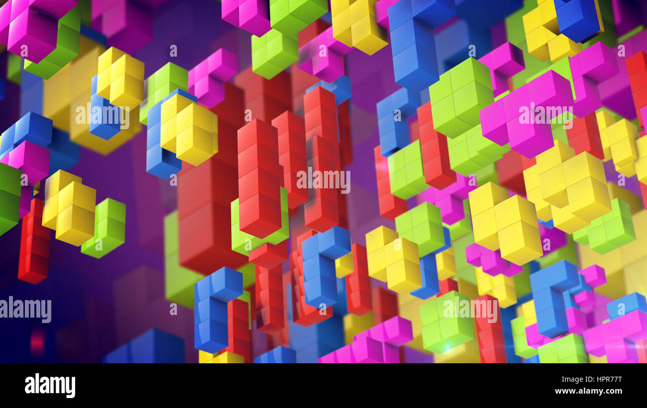 Beatiful tetris game figures fall down on a violet backdrop. 3d ...