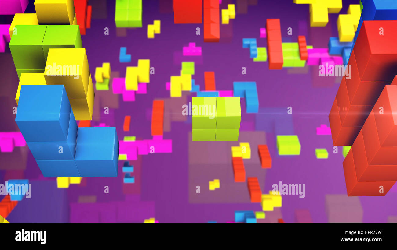 Old video game square tetris. Colored line bricks game pieces. 3d ...