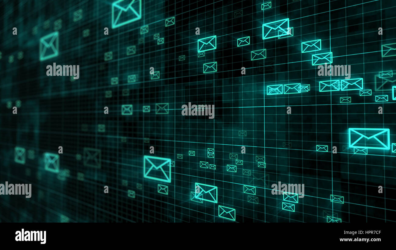 Glow mail envelopes on a dark grid background and in perspective view ...