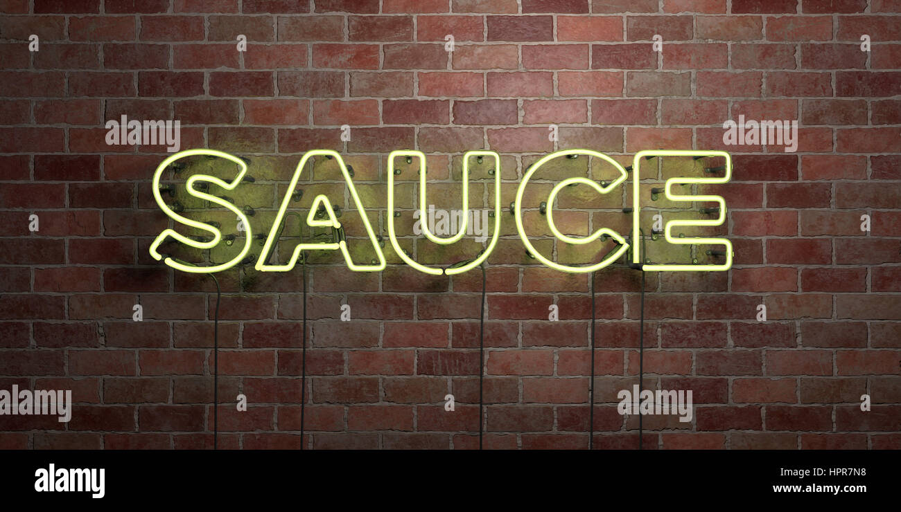 SAUCE - fluorescent Neon tube Sign on brickwork - Front view - 3D ...
