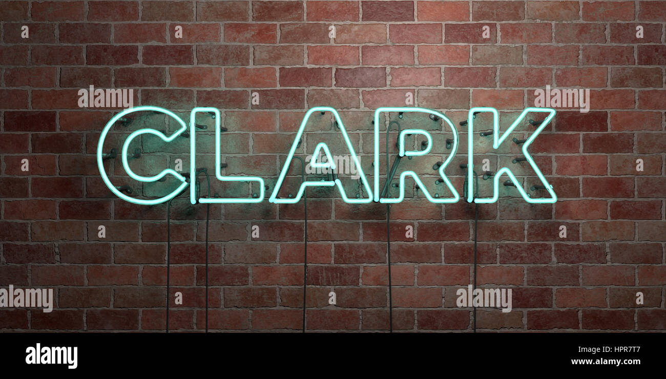 CLARK - fluorescent Neon tube Sign on brickwork - Front view - 3D ...