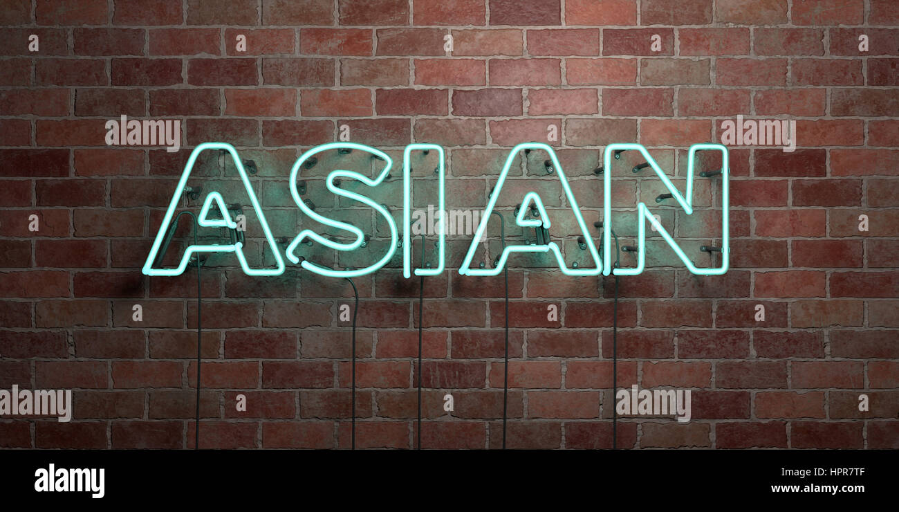 ASIAN - fluorescent Neon tube Sign on brickwork - Front view - 3D ...