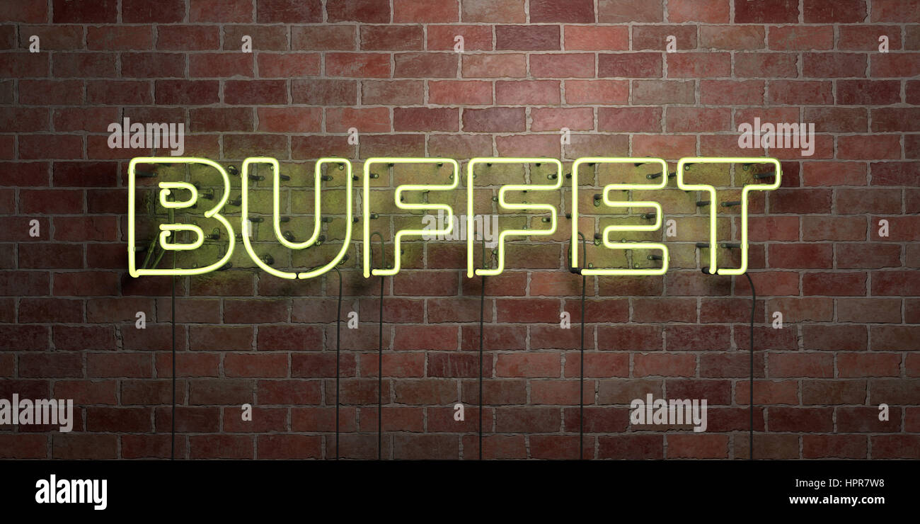 BUFFET - fluorescent Neon tube Sign on brickwork - Front view - 3D ...