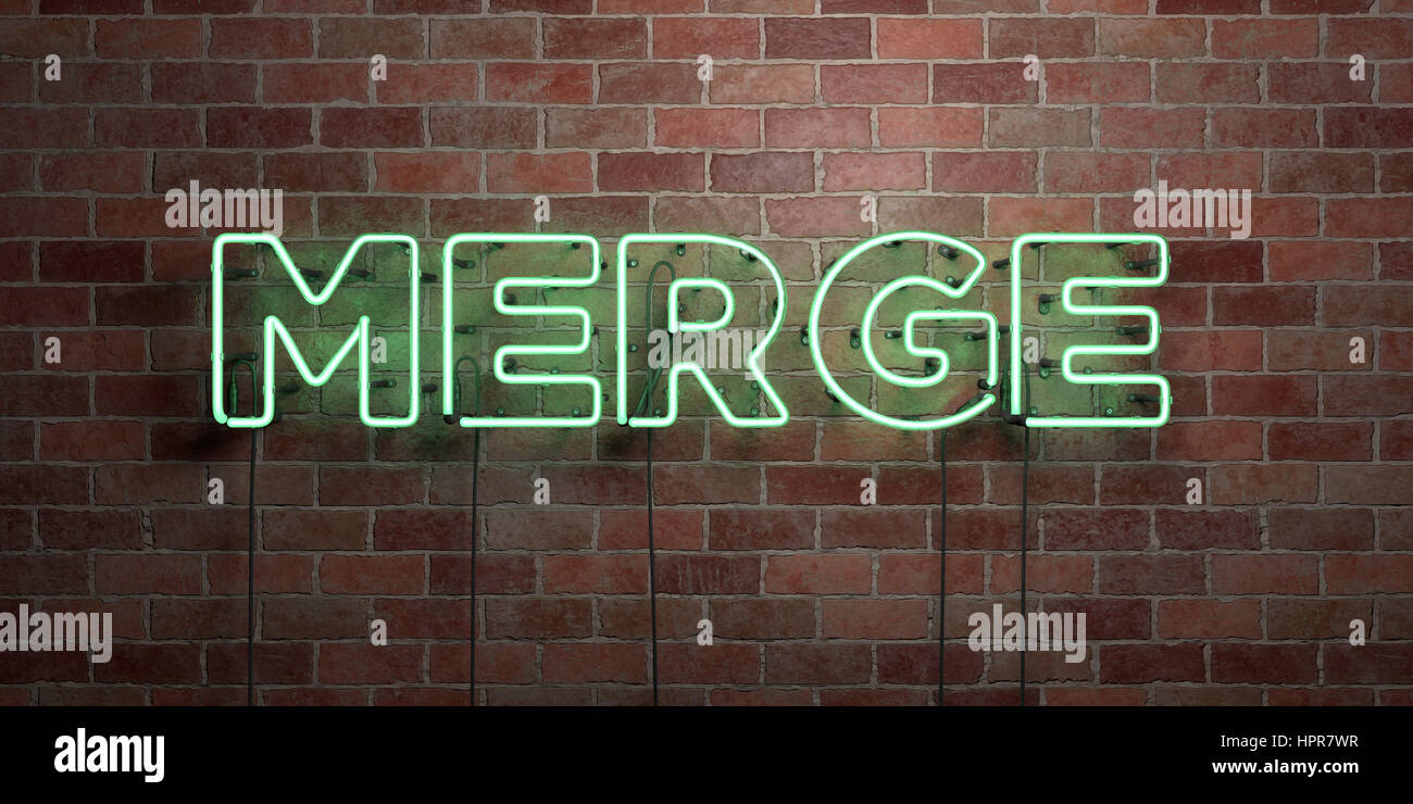 MERGE - fluorescent Neon tube Sign on brickwork - Front view - 3D ...