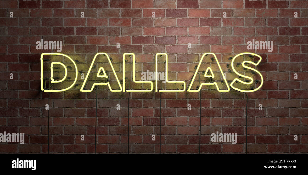 DALLAS - fluorescent Neon tube Sign on brickwork - Front view - 3D ...