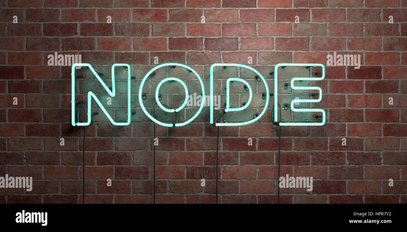 NODE - fluorescent Neon tube Sign on brickwork - Front view - 3D ...