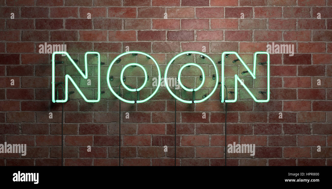 NOON - fluorescent Neon tube Sign on brickwork - Front view - 3D ...