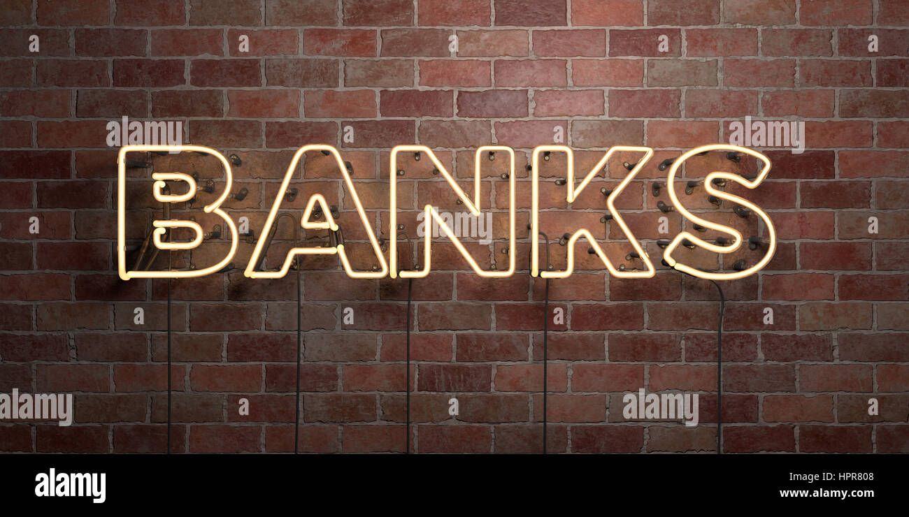 BANKS - fluorescent Neon tube Sign on brickwork - Front view - 3D ...