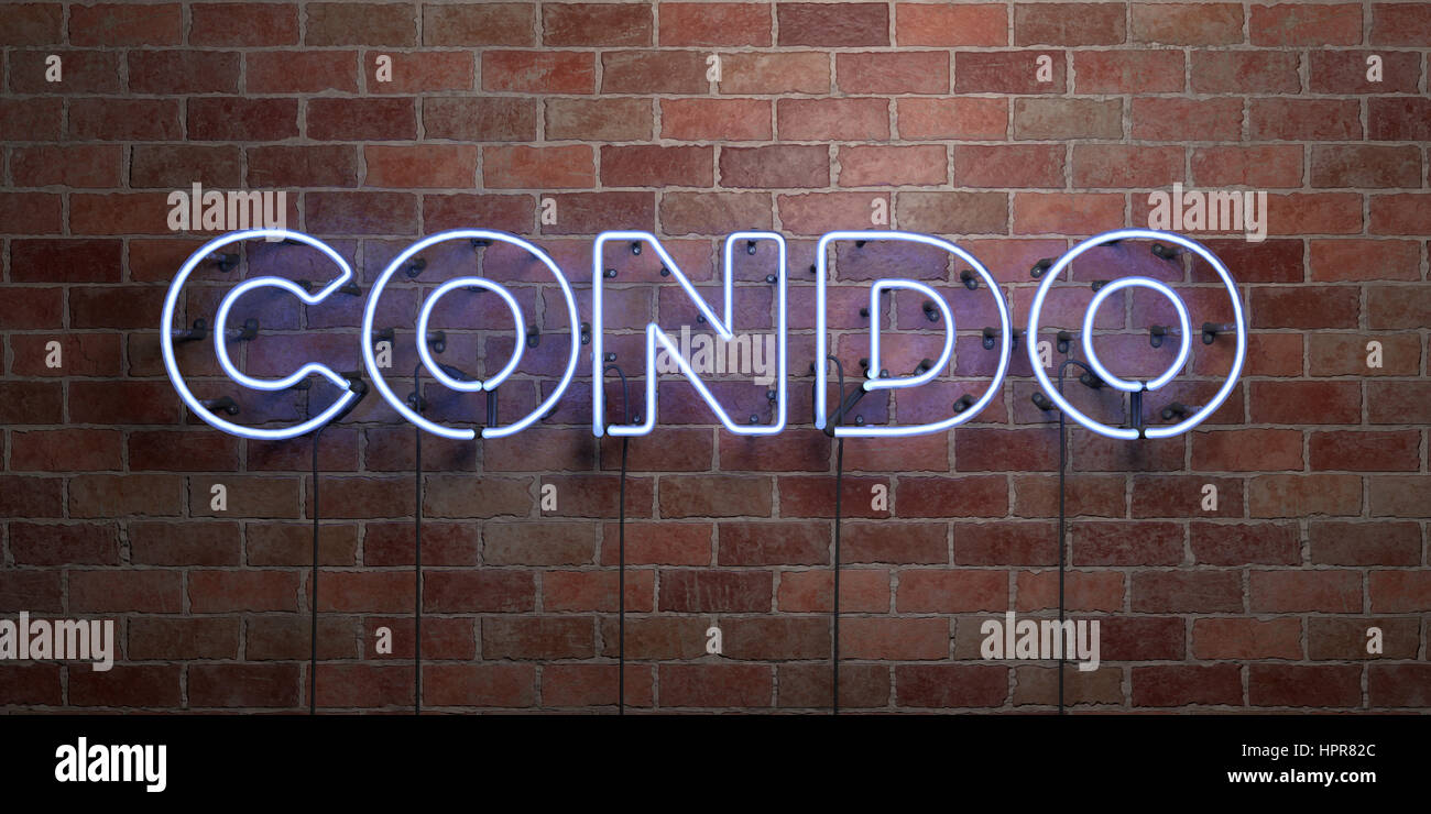 CONDO - fluorescent Neon tube Sign on brickwork - Front view - 3D ...