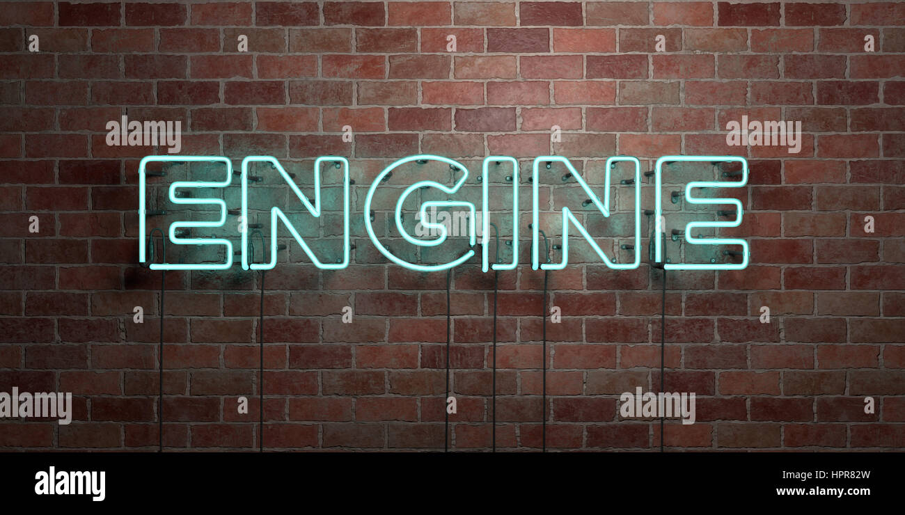 ENGINE - fluorescent Neon tube Sign on brickwork - Front view - 3D ...