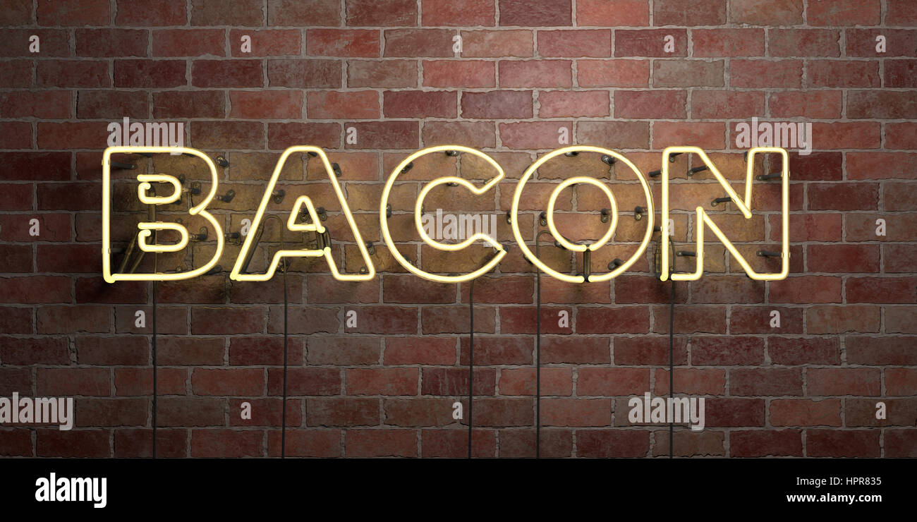 BACON - fluorescent Neon tube Sign on brickwork - Front view - 3D ...