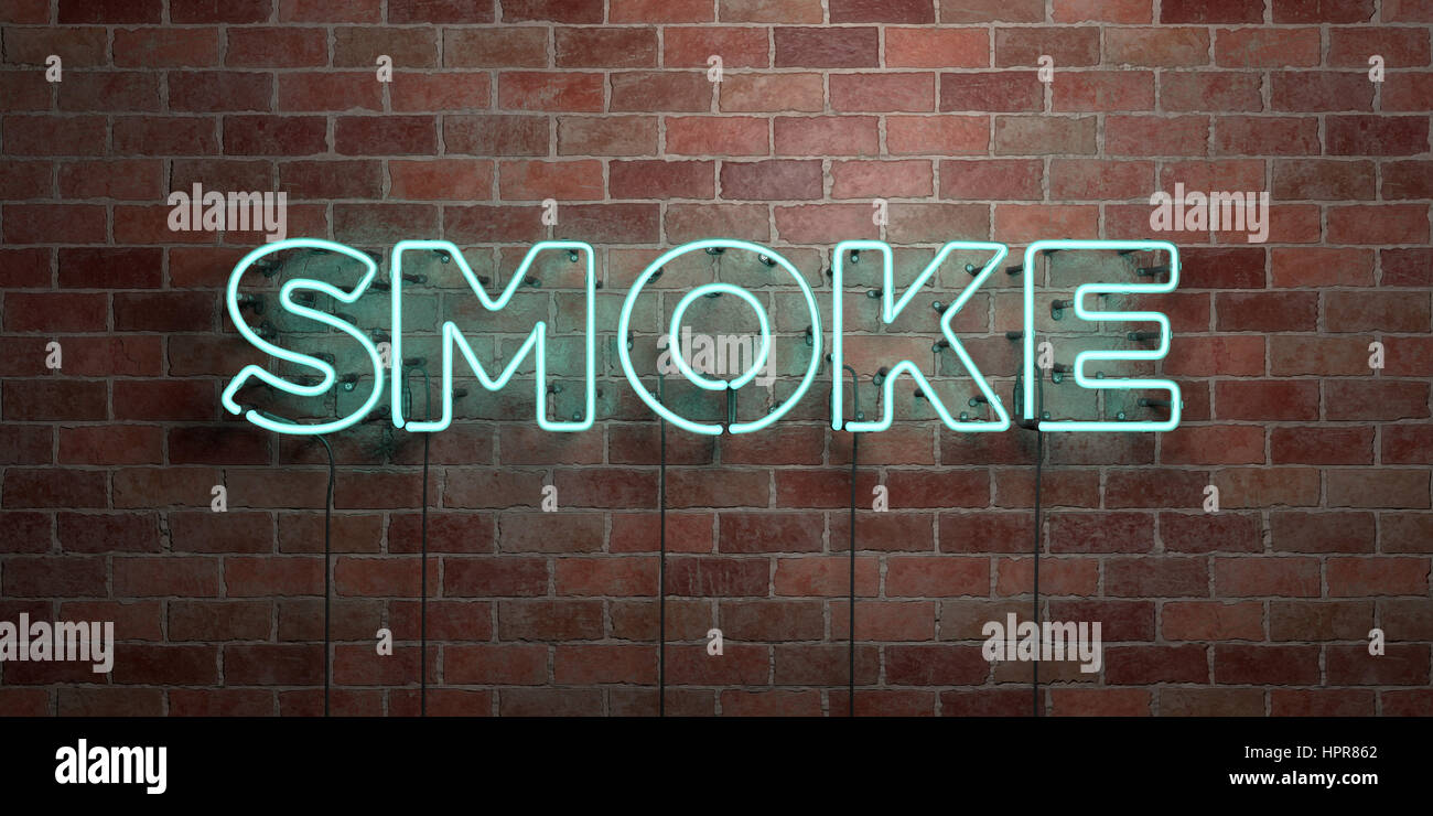 SMOKE - fluorescent Neon tube Sign on brickwork - Front view - 3D ...