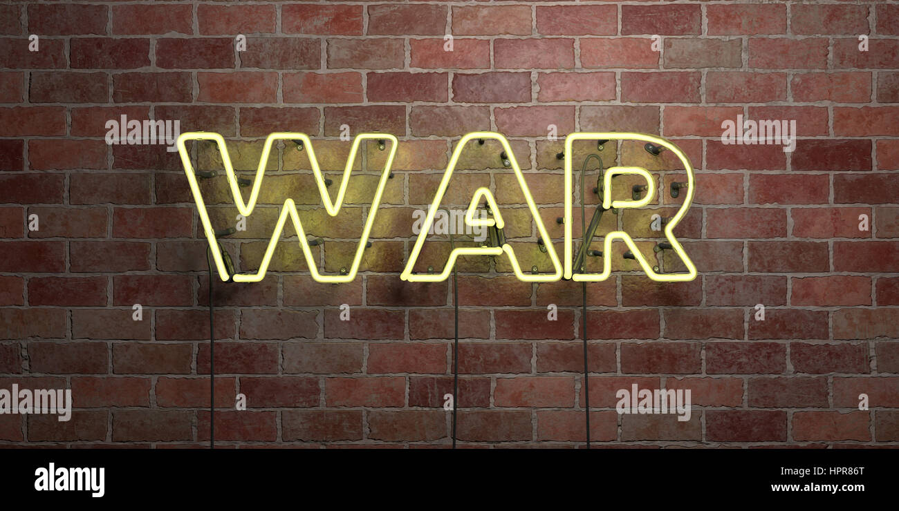 WAR - fluorescent Neon tube Sign on brickwork - Front view - 3D ...