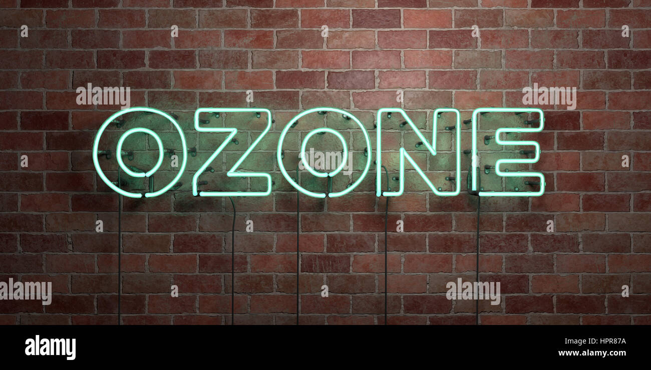OZONE - fluorescent Neon tube Sign on brickwork - Front view - 3D ...