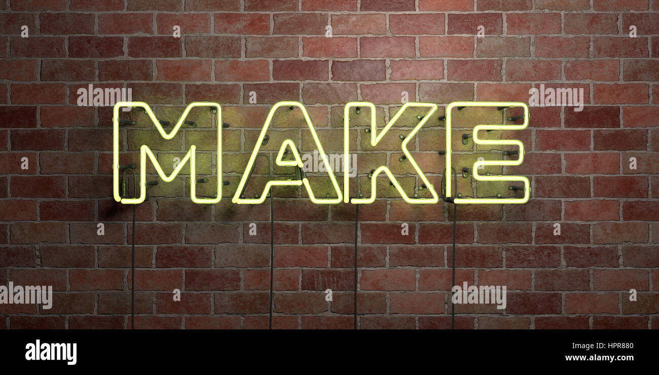 MAKE - fluorescent Neon tube Sign on brickwork - Front view - 3D ...