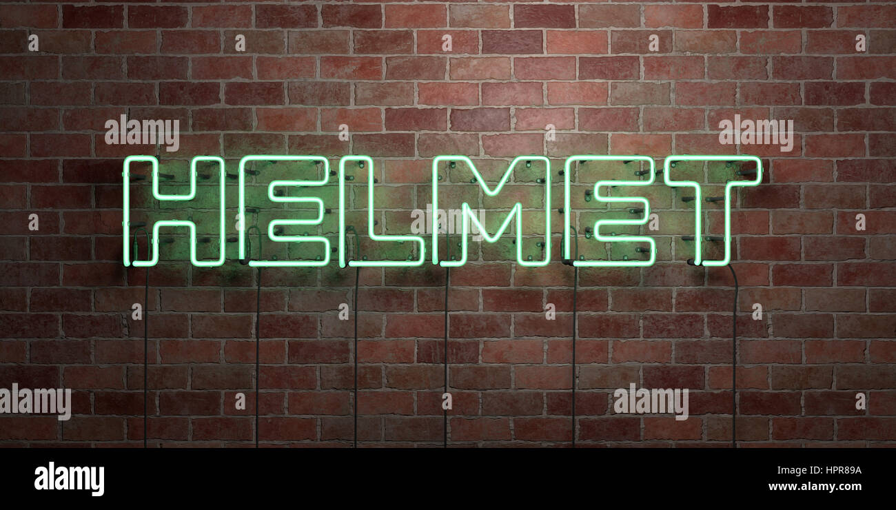 HELMET - fluorescent Neon tube Sign on brickwork - Front view - 3D ...