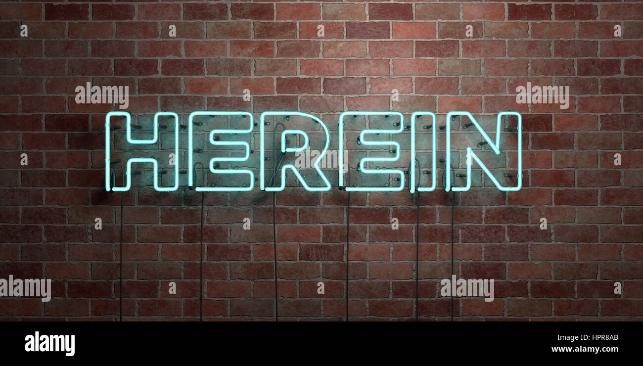 HEREIN - fluorescent Neon tube Sign on brickwork - Front view - 3D ...