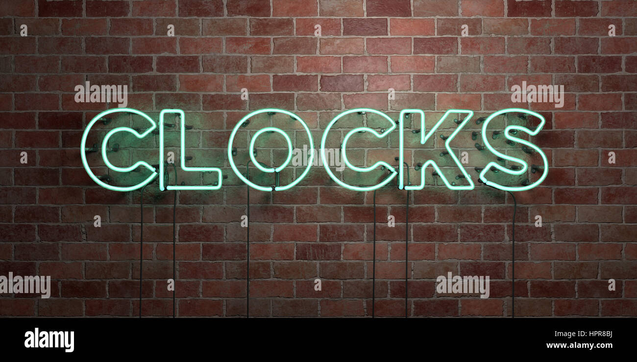CLOCKS - fluorescent Neon tube Sign on brickwork - Front view - 3D ...