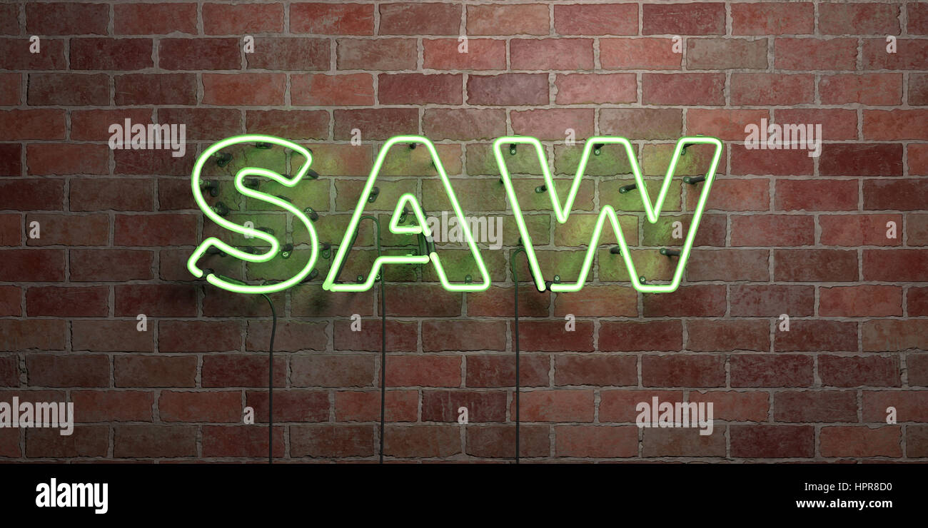 SAW - fluorescent Neon tube Sign on brickwork - Front view - 3D ...